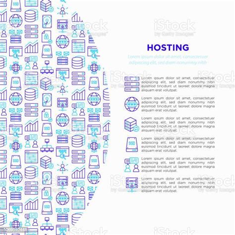 얇은 선 아이콘으로 호스팅 개념 Vps 고객 지원 도메인 이름 자동된 백업 Ssd 제어 패널 보안 서버 로컬 네트워크 Ssl 배너 인쇄 미디어에 대 한 최신 벡터