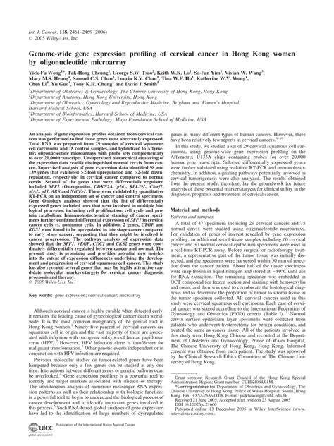 Pdf Genome Wide Gene Expression Profiling Of Cervical Cancer In Hong Kong Women By