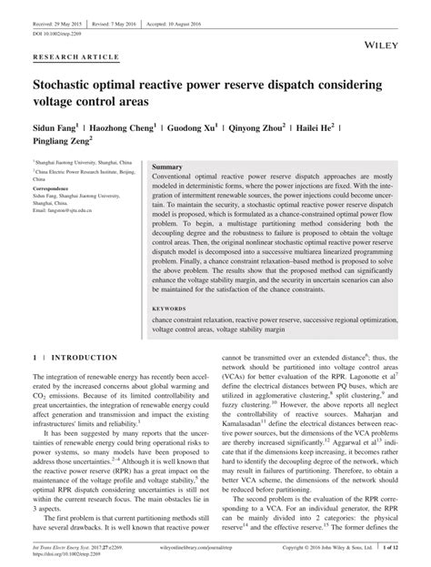 Pdf Stochastic Optimal Reactive Power Reserve Dispatch Based On