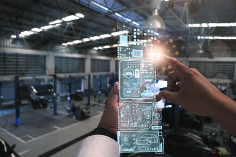 로봇 기술 Ai 자동차 수리에 자동차 수리 차고 대리점에서 리프트 터치 터치 Ui 화면 인터페이스로 자동차를 Iot 자동차 산업의 새로운 기술을 수정해야하는 지점으로