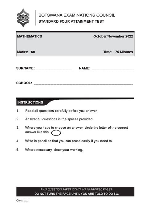 2022 Std 4 Mathematics Standard 4 Mathematics October November 2022 Marks 60 Time 75