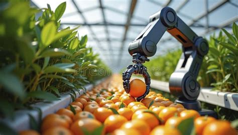 Robot Arm Harvesting Oranges In Modern Greenhouse During Bright Daytime Stock Illustration
