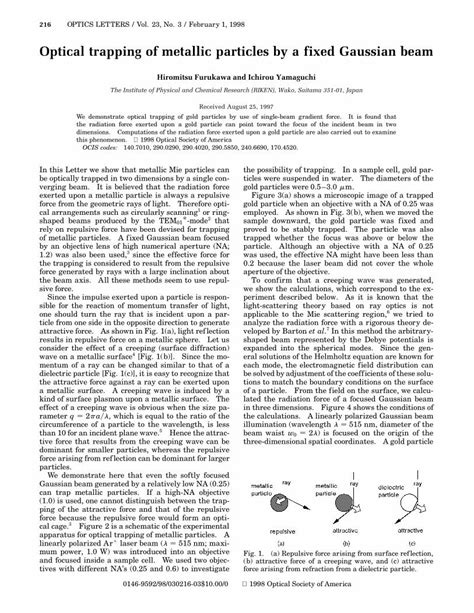Pdf Optical Trapping Of Metallic Particles By A Fixed Gaussian Beam
