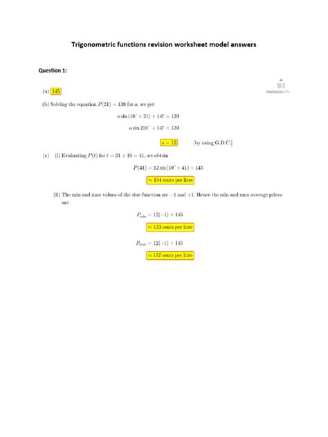 Trigonometric Functions Revision Worksheet Model Answers Pdf