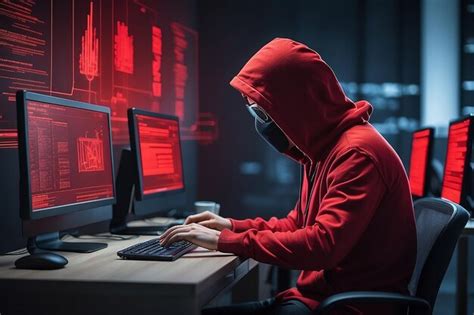 Side View Of Hacker Using Computers At Desktop With Creative Red Security Alert On Blurry