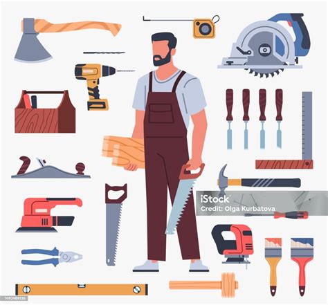 목수 요소 전문 도구 목공 장비 도끼 망치 및 측정 테이프 남자 홀드 톱 건설 도구 요즘 벡터 세트가 있는 플랫 만화 수리공 캐릭터 가구에 대한 스톡 벡터 아트 및 기타