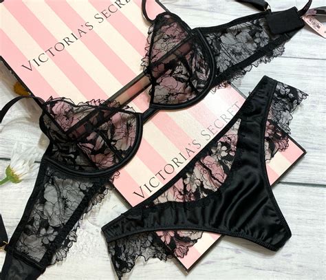 Victorias Secret Luxe Lingerie 2 Piece Lace Unlined Demi Bra Thong Set