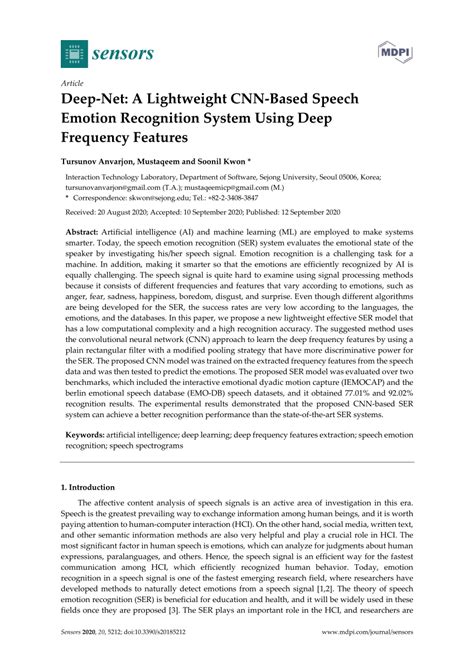 Pdf Deep Net A Lightweight Cnn Based Speech Emotion Recognition System Using Deep Frequency