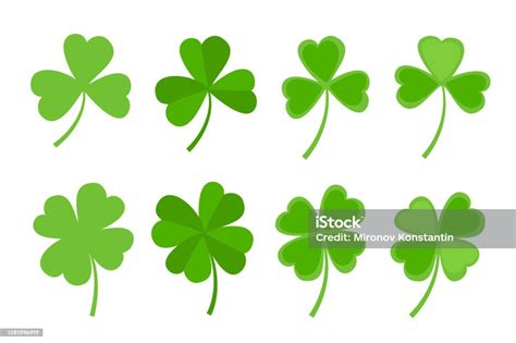 녹색 클로버 잎 플랫 스타일 디자인 벡터 일러스트 레이션 세트 세인트 패트릭스 데이 샴록 은 장식 요소를 상징합니다 0명에 대한 스톡 벡터 아트 및 기타 이미지 Istock