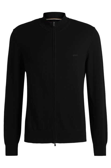 Boss Knitted Zip Up Cardigan In Cotton With Embroidered Logo Black