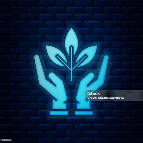 벽돌 벽 배경에 고립 된 환경 보호 아이콘의 손에 빛나는 네온 식물 종자 및 묘목 묘목 심기 생태 개념 벡터 일러스트레이션 개념에 대한 스톡 벡터 아트 및 기타 이미지