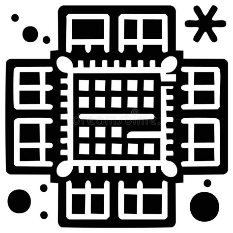 Stylized Microchip Diagram With Surrounding Elements In A Black And