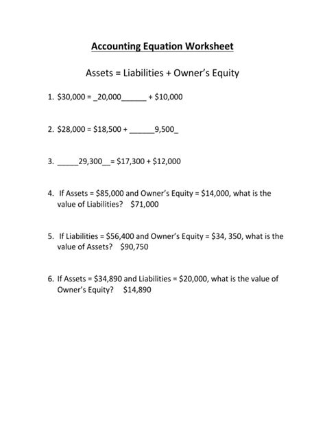 Accounting Equation Worksheet Pdf Equity Finance Liability