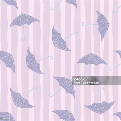 손으로 그린 보라색 우산 장식 랜덤 매끄러운 패턴 라이트 파스텔 스트라이프 배경 시즌 배경 가능성에 대한 스톡 벡터 아트 및