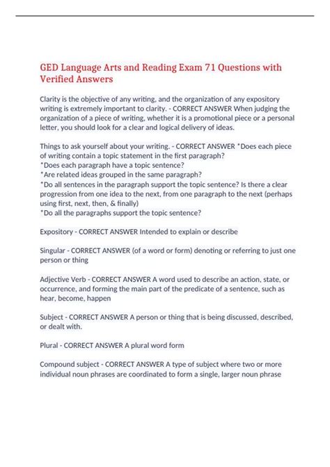 Ged Language Arts And Reading Exam 71 Questions With Verified Answers
