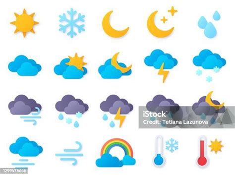 종이 컷 날씨 아이콘 비 무지개 태양 덥고 추운 온도 겨울 눈과 구름의 상징 Meteo 예측 픽토그램 벡터 세트 0명에 대한
