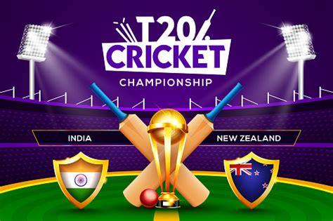 T20 크리켓 챔피언십 컨셉 인도 Vs 뉴질랜드 경기 헤더 또는 배너와 크리켓 볼 박쥐 경기장 배경에서 우승 트로피 Championship에 대한 스톡 벡터 아트 및 기타