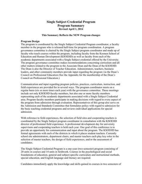 Single Subject Credential Program Program Summary