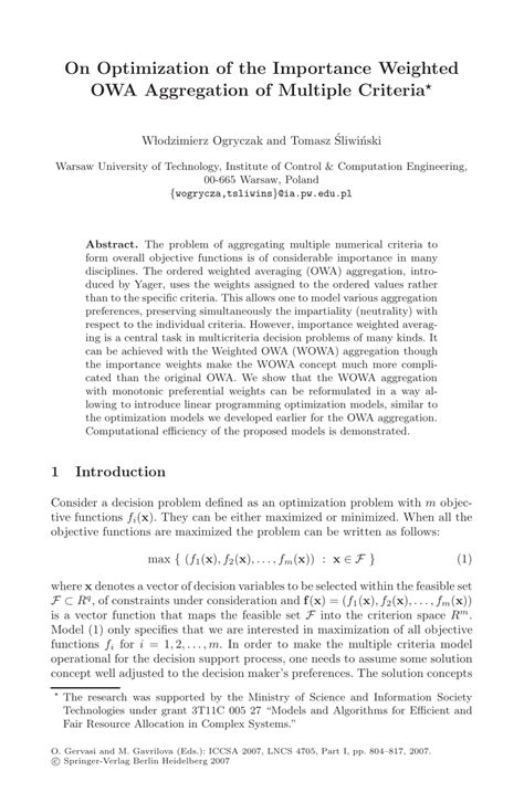 Pdf On Optimization Of The Importance Weighted Owa Aggregation Of Multiple Criteria