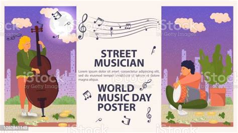 배너 스트리트 뮤지션 세계 음악 데이 포스터 남자 밤 악기에서 악기 를 연주 하는 노트 플랫 벡터 일러스트 만화 Classical Concert에 대한 스톡 벡터 아트 및