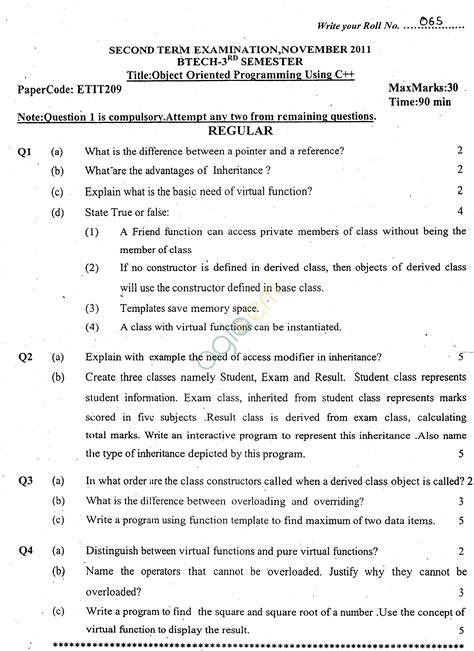 ggsipu question papers third semester second term 2011 etit 209 aglasem institutes