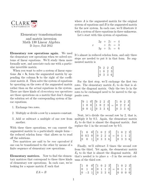 Elementary Transformations And Matrix Inversion Math 130 Linear Algebra