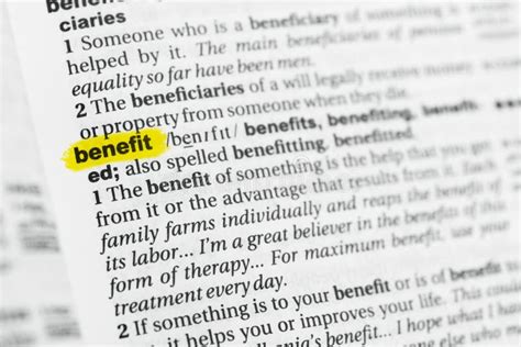 Highlighted English Word Benefit And Its Definition At The Dictionary