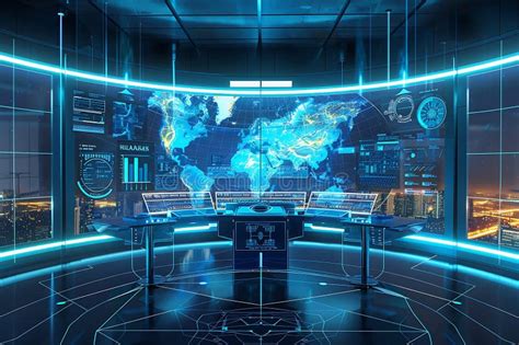 Futuristic Global Monitoring Control Center With Advanced Technology Displays Stock Illustration