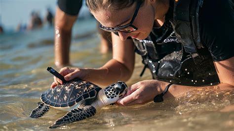 A Marine Biologist Tagging A Sea Turtle For Research Handson And