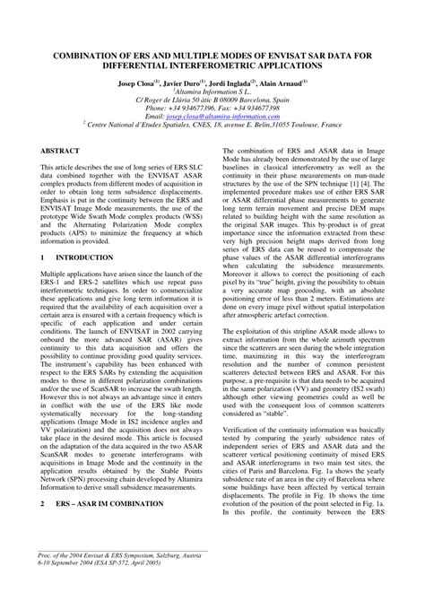 Pdf Combination Of Ers And Multiple Modes Of Envisat Sar Data For Differential Interferometric