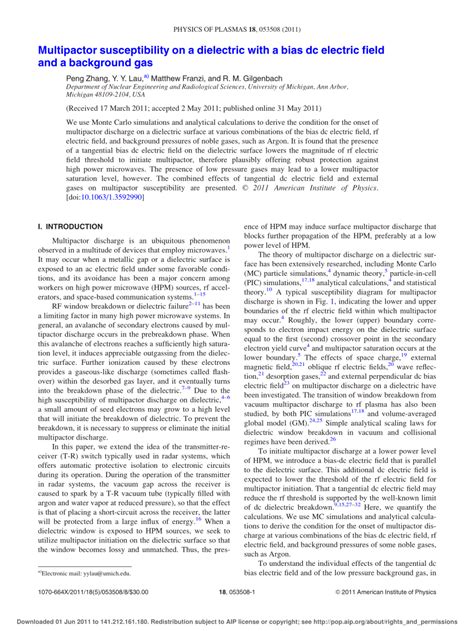 Pdf Multipactor Susceptibility On A Dielectric With A Bias Dc Electric Field And A Background Gas