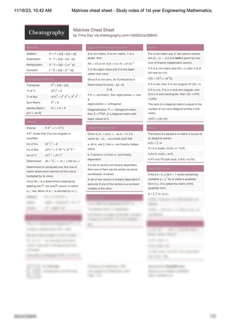 Solution Matrices Cheat Sheet Study Notes Of 1st Year Engineering Mathematics Studypool Solution Matrices Cheat Sheet Study Notes Of 1st Year Engineering Mathematics Studypool