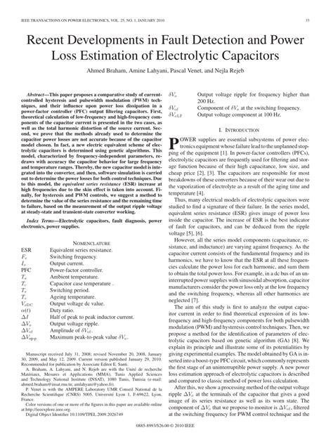 Pdf Recent Developments In Fault Detection And Power Loss Estimation Of Electrolytic Capacitors