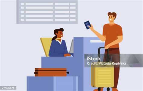 공항 체크인 만화 장면 남자 캐릭터 와 여행 가방 와 비행기 체크인 Here 수하물이 있는 승객 평면 벡터 그림입니다 공항에 대한 스톡 벡터 아트 및 기타 이미지 Istock