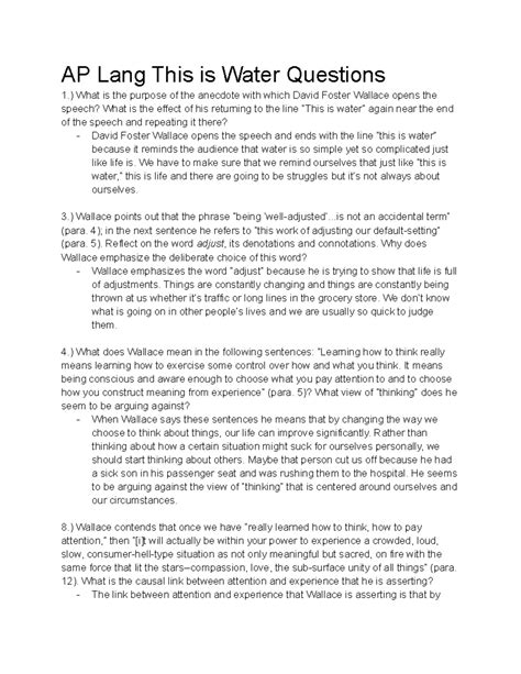 AP Lang This Is Water Questions What Is The Purpose Of The Anecdote