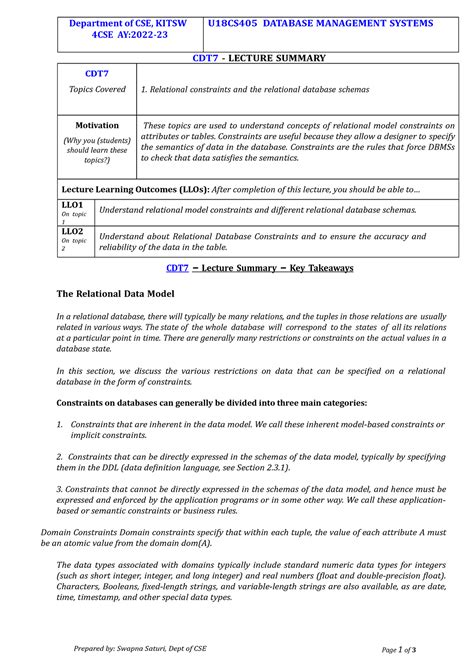 Cdt 7 Database Management System Important Topic 7 Department Of