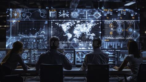 Team Analyzing Data On Digital Screens In A Hightech Control Room With Global Maps And Analytics