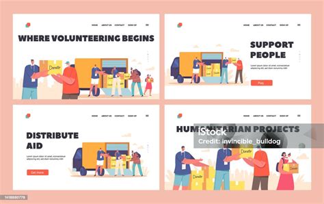 자원 봉사 방문 페이지 템플릿 세트 도움이 필요한 난민 캐릭터에게 인도주의적 도움 상자를 제공하는 자원봉사자 한 부모에 대한 스톡 벡터 아트 및 기타 이미지 Istock