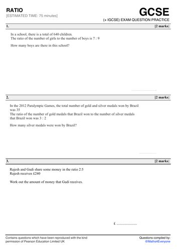 Gcse 9 1 Exam Question Practice Ratio Teaching Resources