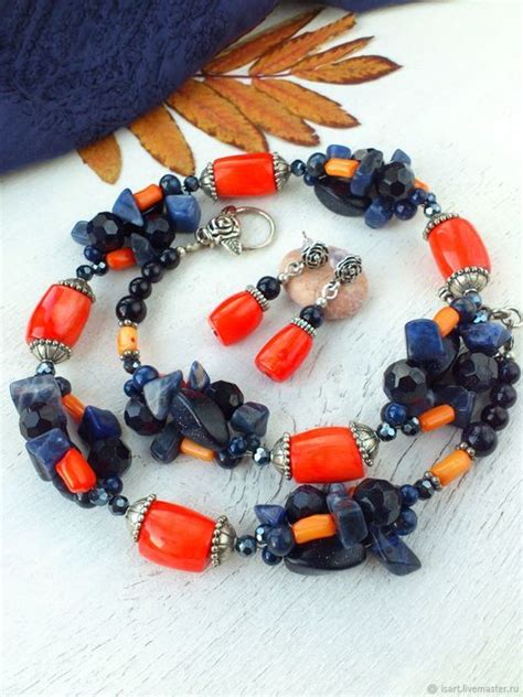 ОгонькиБусы и серьги из коралла Комплект с кораллом Бусы синие камни зака… Украшения из