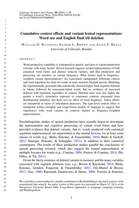Pdf Cumulative Context Effects And Variant Lexical Representations Word Use And English Final