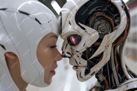 Futuristic Robot And Human Face Interaction Premium Ai Generated Image