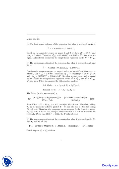 Computer Output Applied Regression Analysis Solved Assignment Docsity