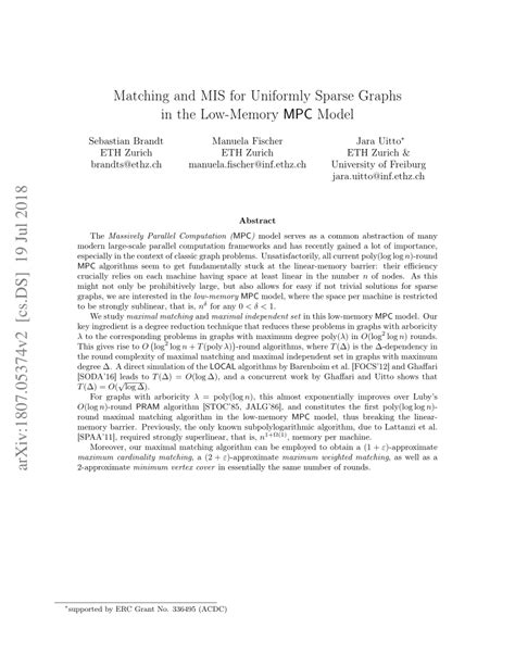 Pdf Matching And Mis For Uniformly Sparse Graphs In The Low Memory Mpc Model