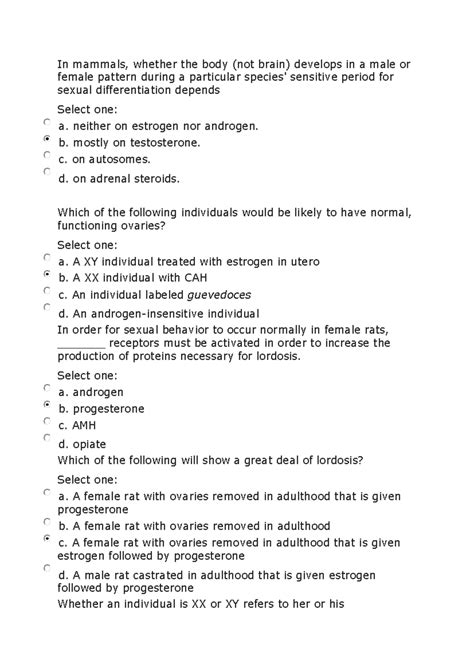 Quiz 8 Hormone Sex Quiz In Mammals Whether The Body Not Brain Develops In A Male Or