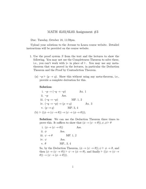Solutions 3 Assignment 3 Math 4l036l03 Assignment Due Tuesday
