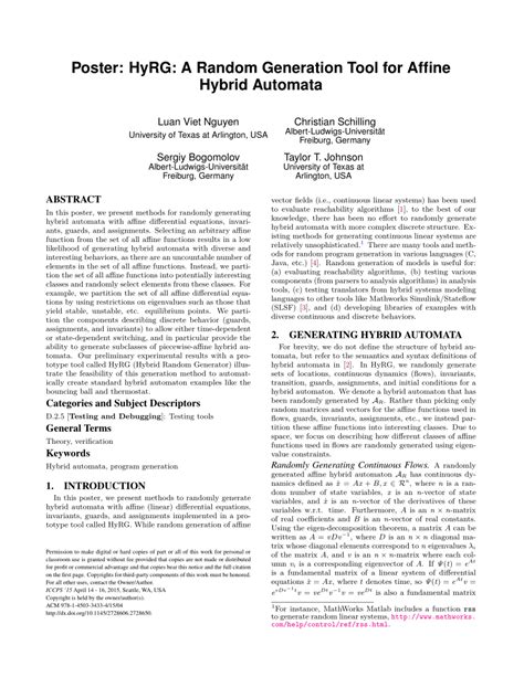 Pdf Poster Hyrg A Random Generation Tool For Affine Hybrid Automata