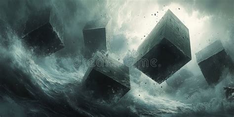 Surreal Floating Cubes In Stormy Ocean Waves Under Dramatic Sky Stock