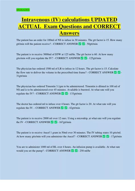 Intravenous Iv Calculations Updated Actual Exam Questions And Correct Answers Traffic School