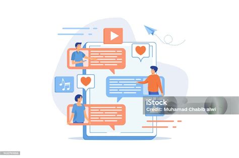 사용자가 통신하고 음성 거품이있는 태블릿 글로벌 인터넷 통신 소셜 미디어 및 네트워크 기술 채팅 메시지 및 포럼 개념 보라색